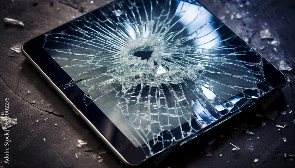 Tablet with broken screen front view, smashed, shattered electronics ...
