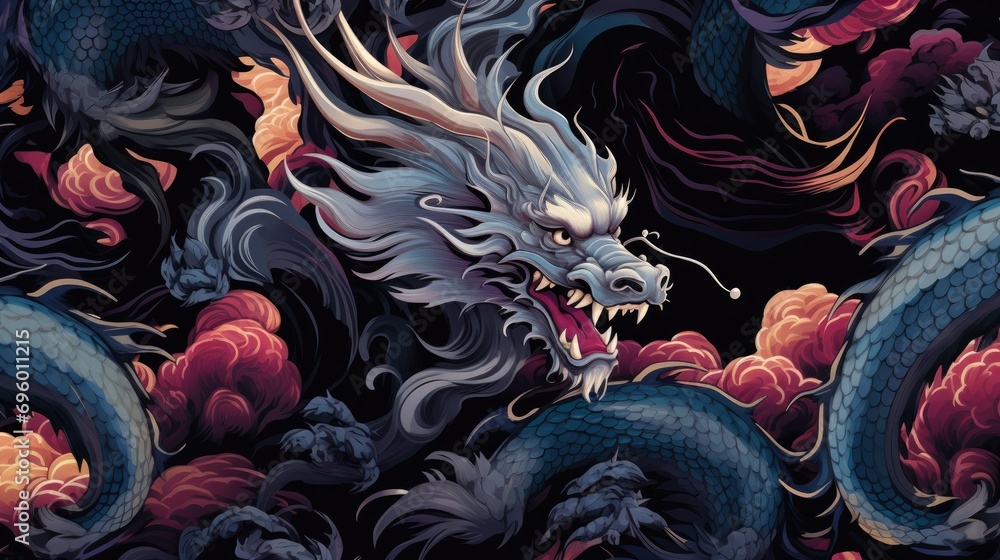 Retro vector style dragon fabric pattern for wrapping paper background ...