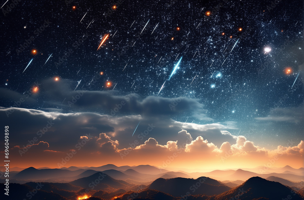 Star rain and planet earth in the night sky, falling stars on the black ...