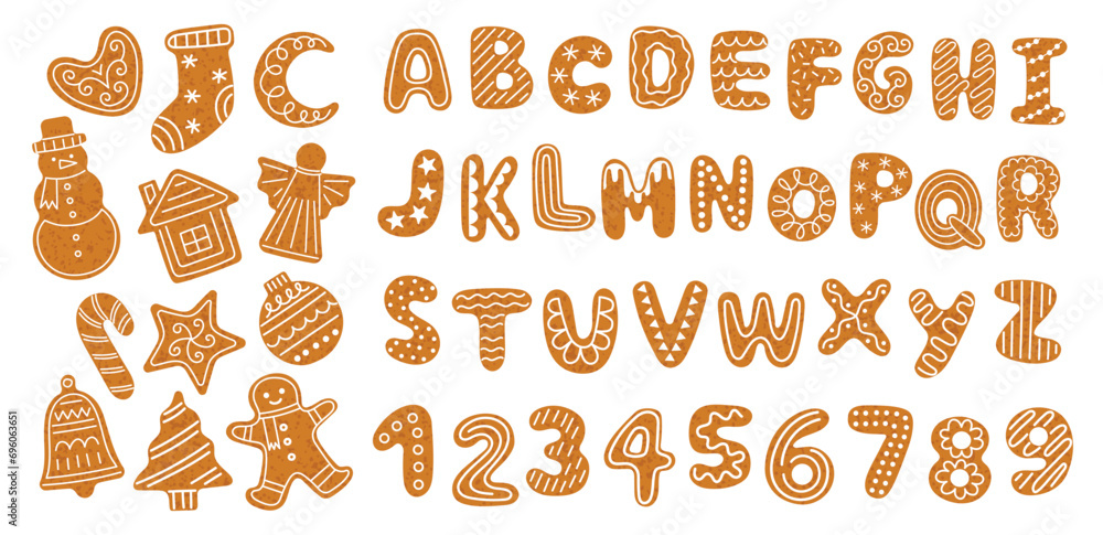 Christmas gingerbreads alphabet. Holiday sweet letters and numbers with ...