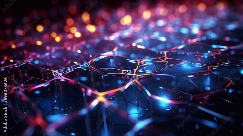 Neural patterns network artificial intelligence on neon glow light background. Neural interface ...