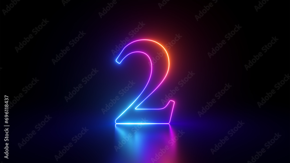 3d render, abstract linear neon number two, glowing digit isolated on ...