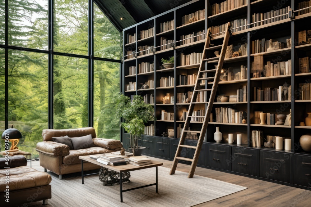 Modern home library with floor-to-ceiling bookshelves and a ladder ...