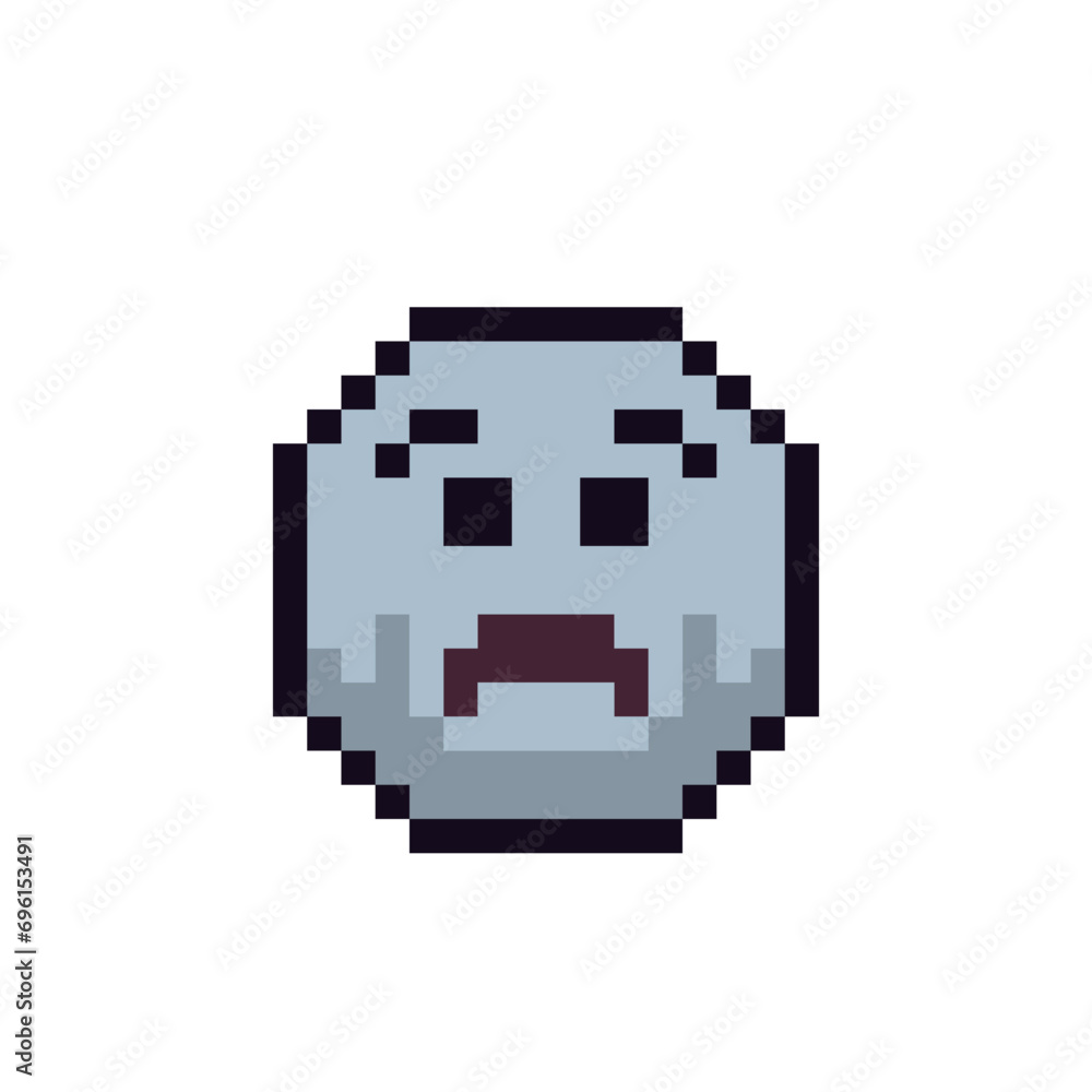 Sad emoticon with eyes wide open, pixel art icon, gray face, smile ...