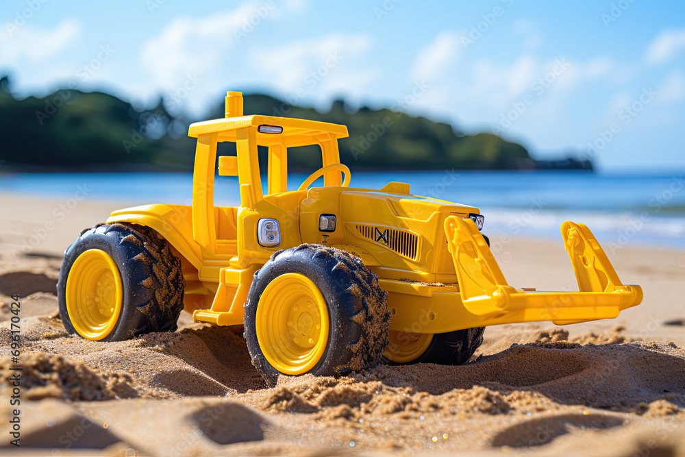 Backhoe toy yellow plastic on beach sand Stock Photo | Adobe Stock