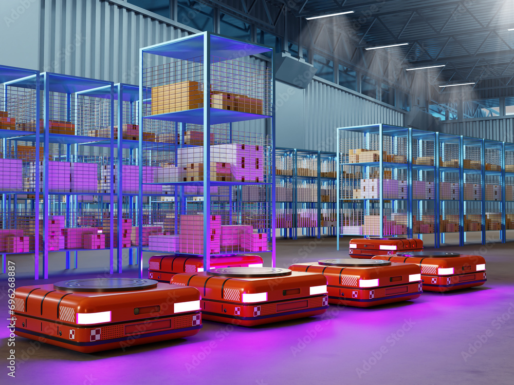 Automated warehouse. Autonomous mobile robots inside storage hangar ...