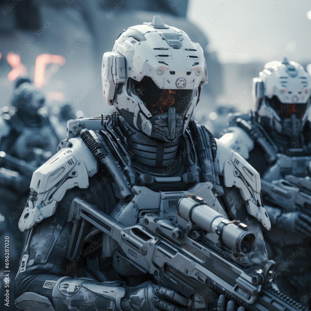 Futuristic Army soldier in Combat Uniforms with assault rifle, plate ...