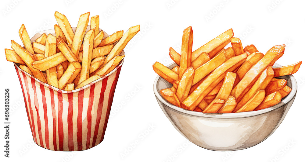 Set of French fries watercolor illustration fast food png isolated on a ...