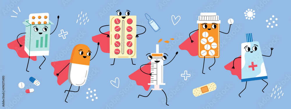 Cartoon pharmaceutical super heroes. Comic medicinal preparations ...