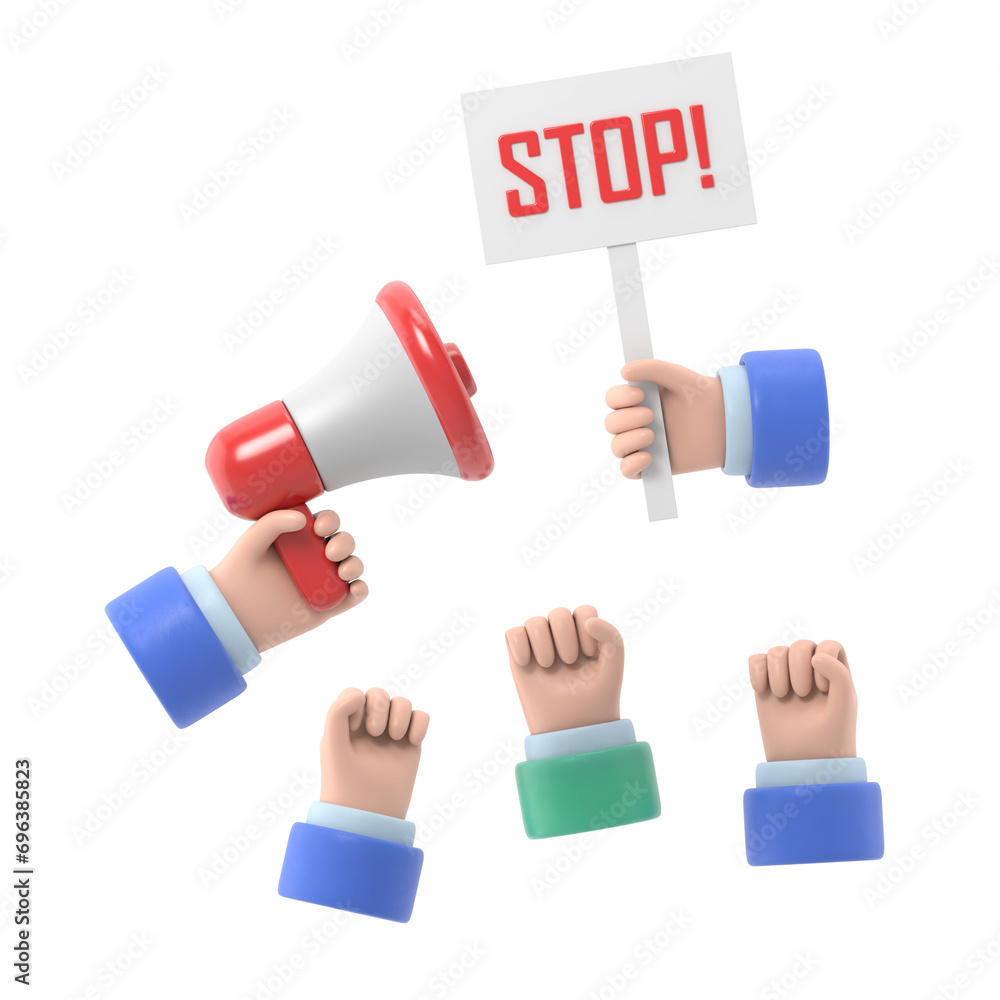 Cartoon hands of demonstrants and hand with Megaphone and stop sign ...