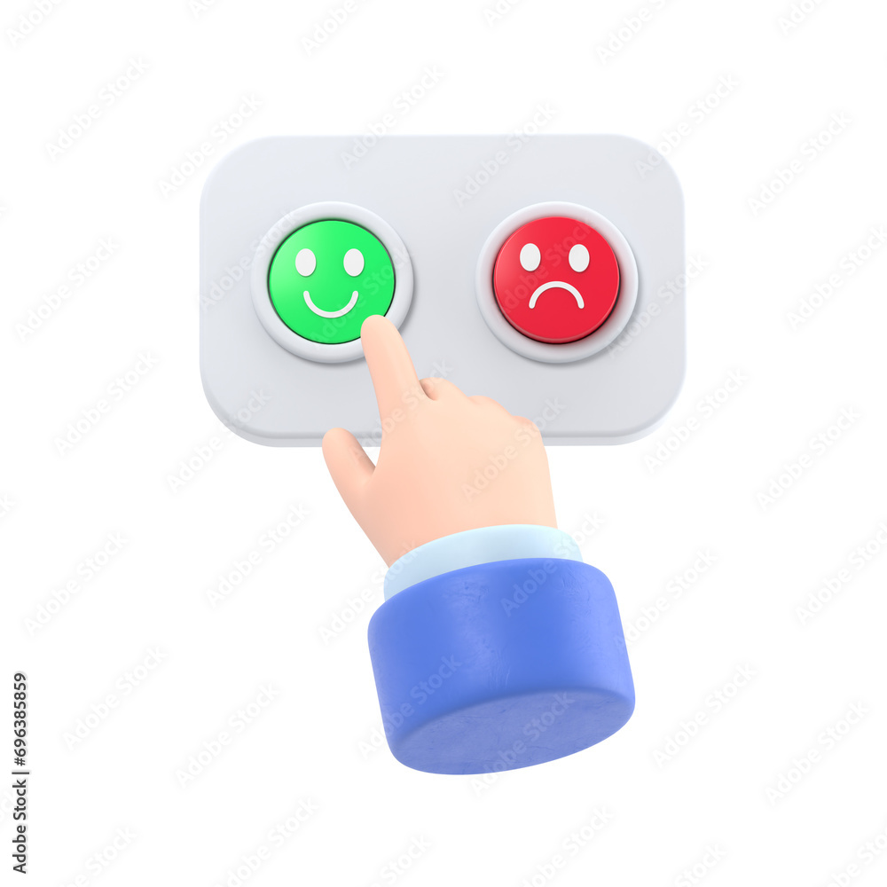 Satisfied customer cartoon hand presses the green button. Business or ...