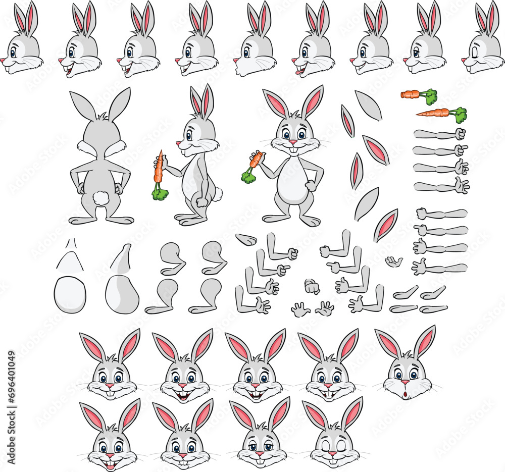 Vector cartoon style rabbit character for animation. Different emotions ...