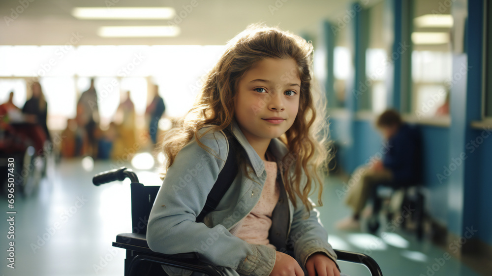 Foto Inclusive education. Girl portrait in a wheelchair with ...