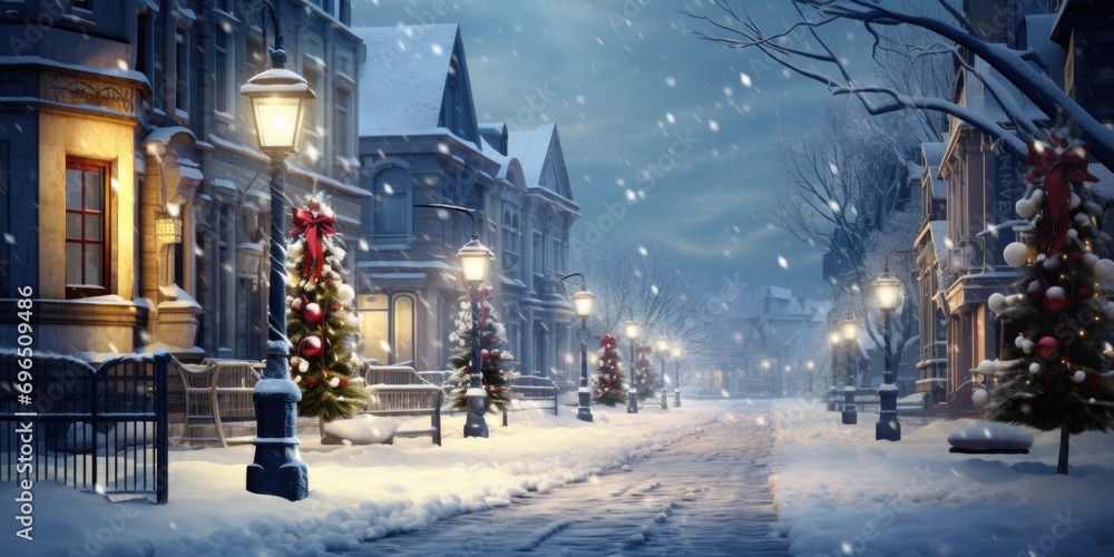 A winter scene of a city street covered in snow, adorned with festive ...
