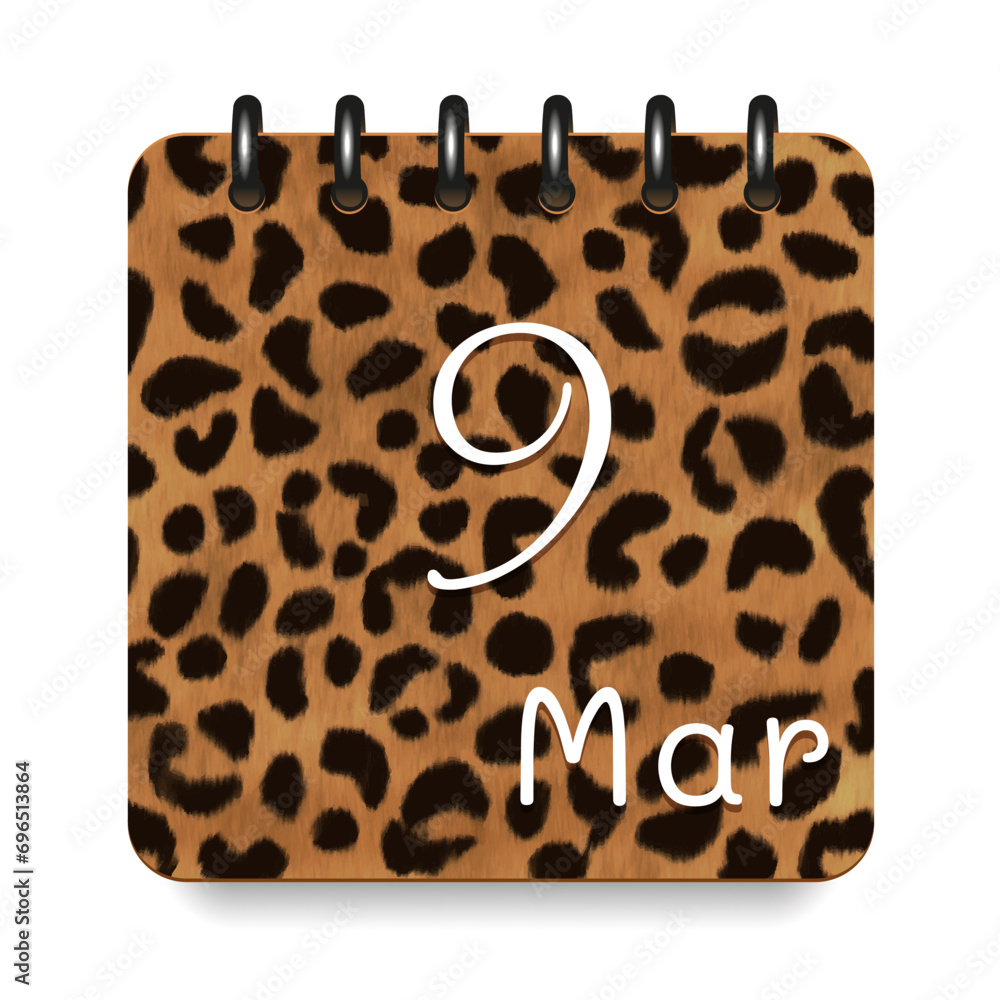 9 day of the month. March. Leopard print calendar daily icon. White ...