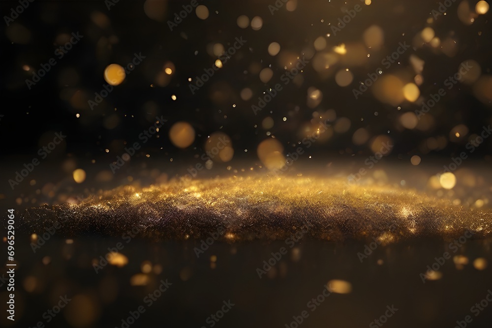 Golden luxury bokeh on particles floating in the air. Dust and glitter particles background ...