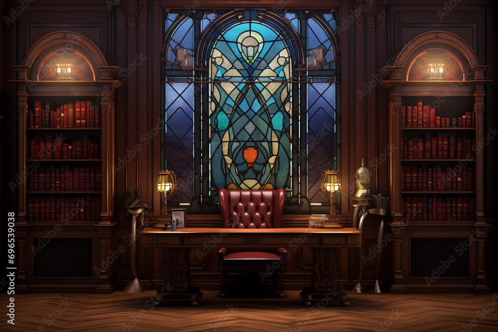 A 3D stained glass wall pattern in a historical study with a mahogany ...