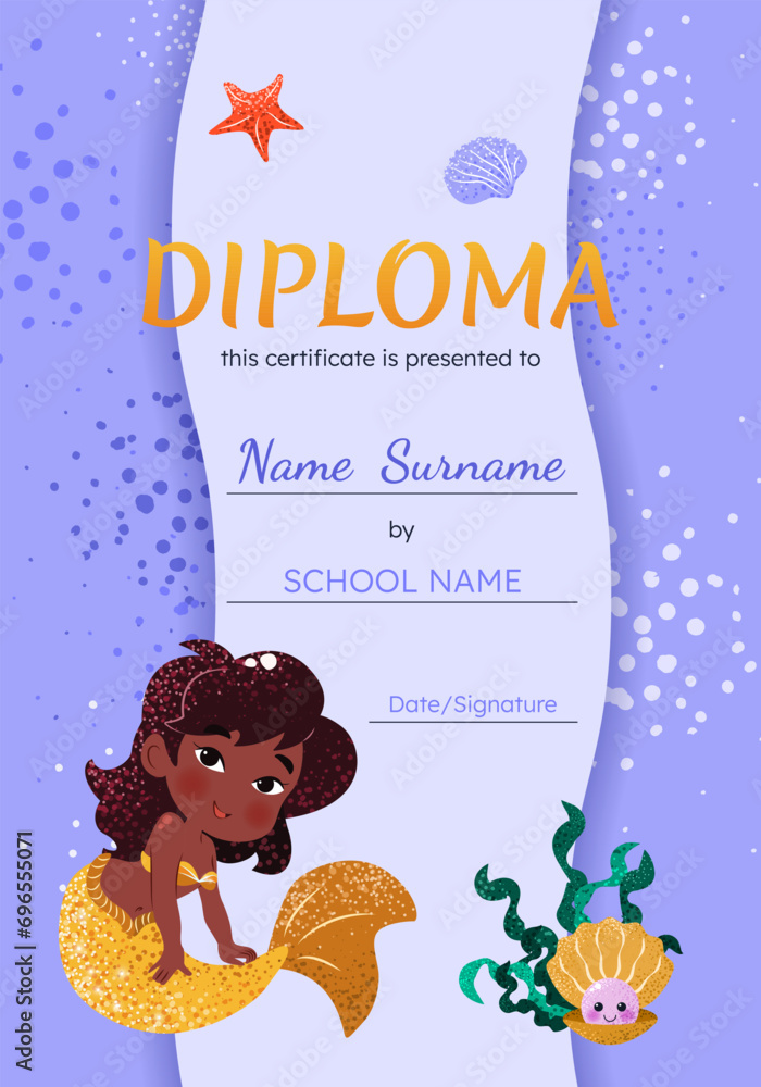 Diploma certificate vertical template with cute little mermaid ...