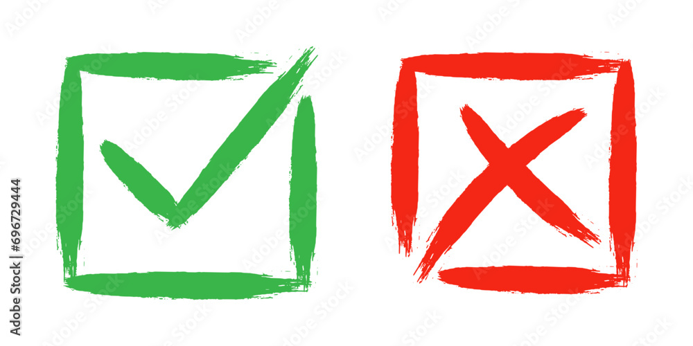 Dirty grunge cross x and tick OK check marks in check boxes, hand drawn ...