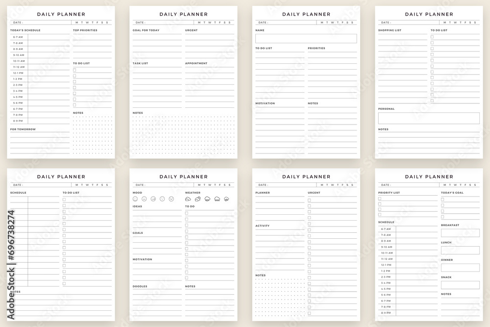 Modern planner template set. Organizer page, schedule, priority, to do ...