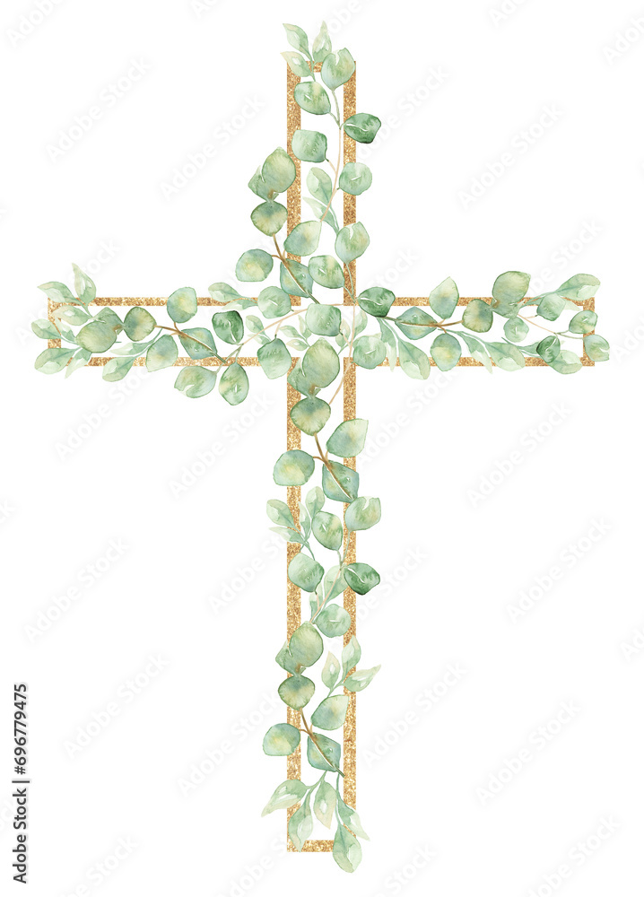 Watercolor hand painted greenery Cross Clipart, Easter Religious ...