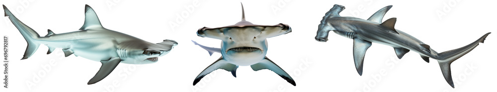 Hammerhead shark collection (side, front, top view) isolated on a white ...