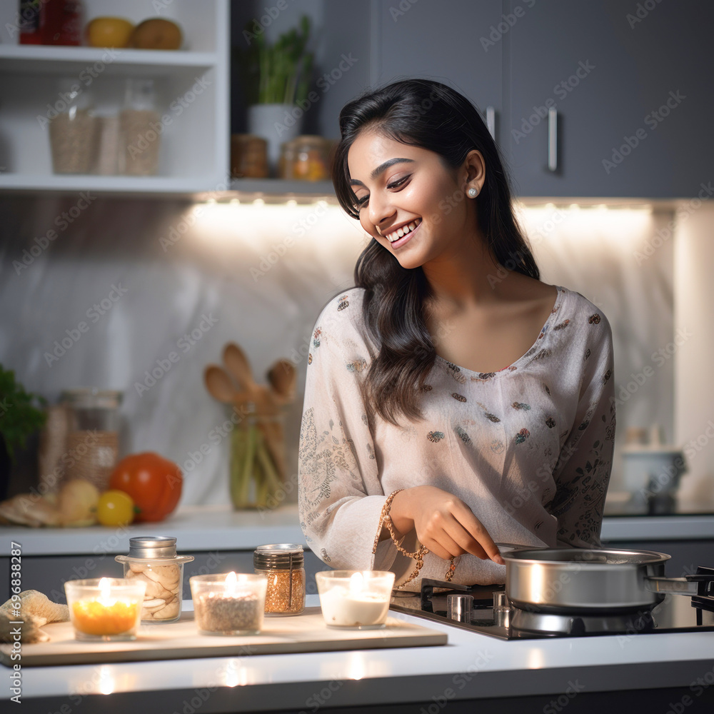 indian housewife cooking in the kitchen Stock Photo | Adobe Stock