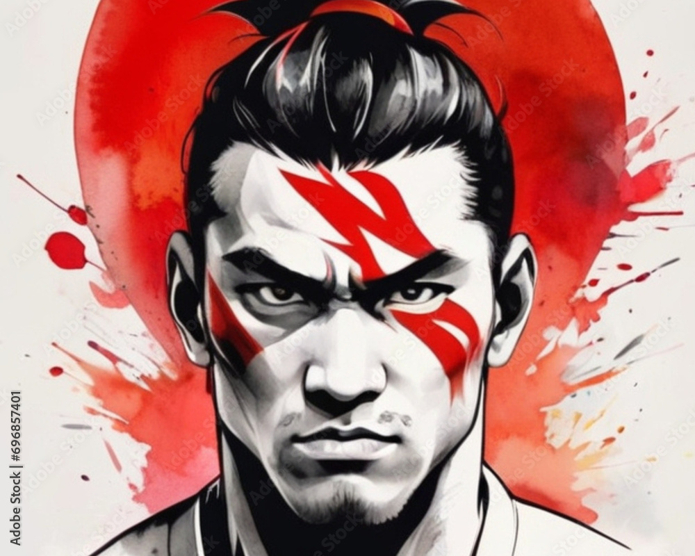 Logo-style portrayal of a martial artist with a fierce and penetrating ...