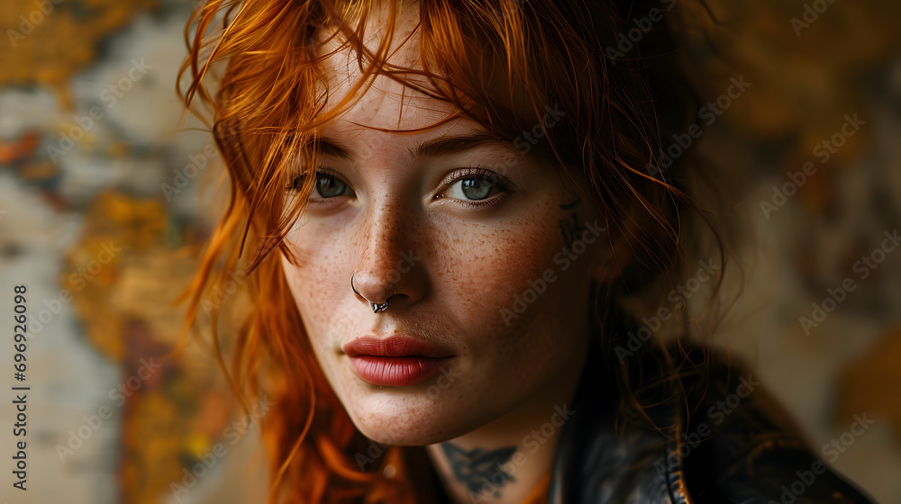 young redhead woman with green eyes with tattoos and a rocker look ...