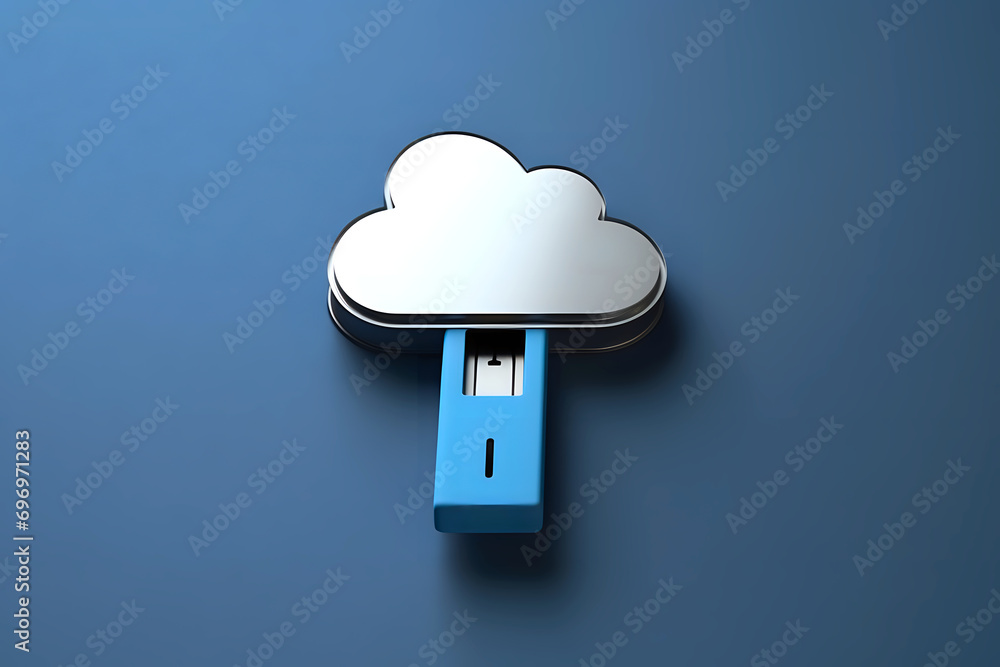 cloud-shaped object attached to a blue USB flash drive on a dark blue ...
