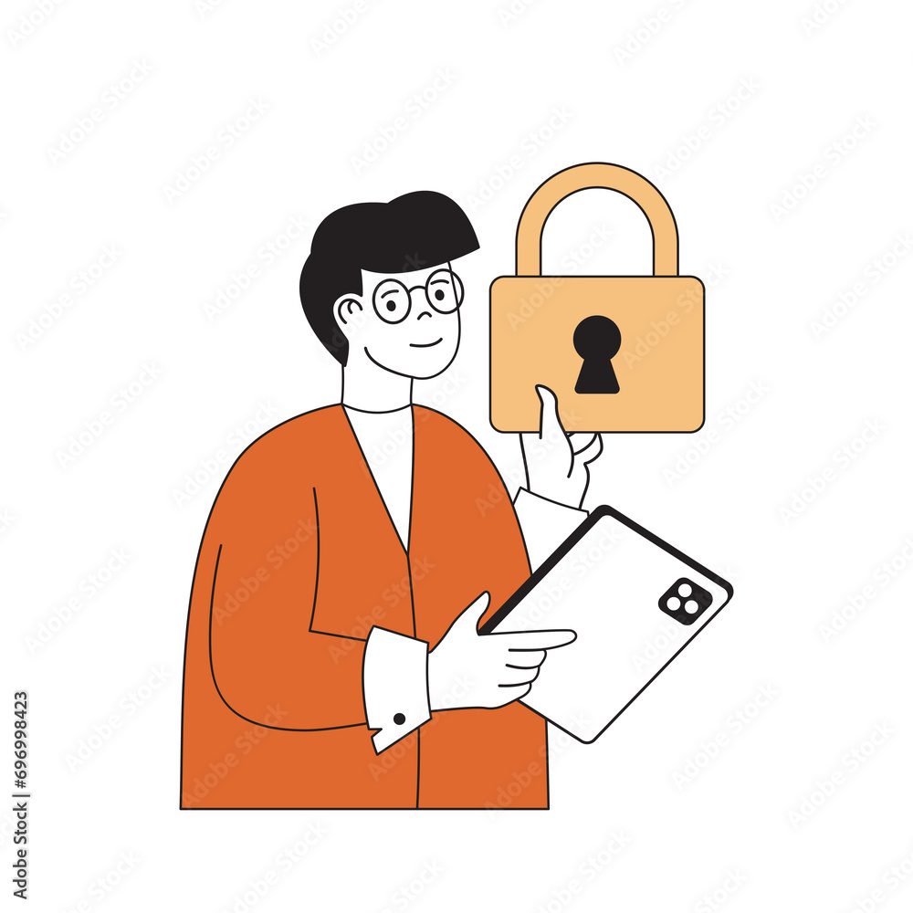 Cyber security concept with cartoon people in flat design for web. Man ...