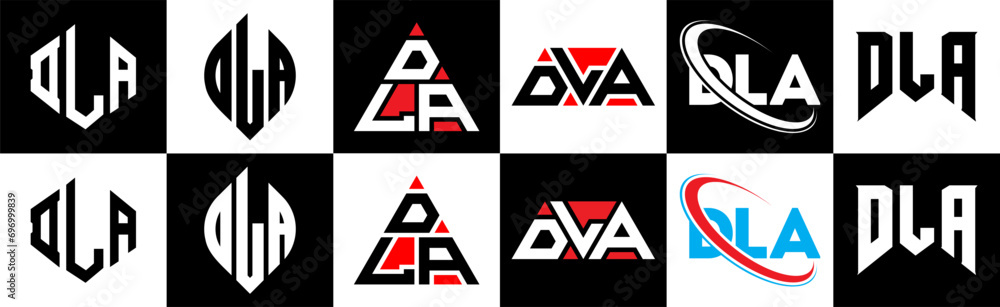 DLA letter logo design in six style. DLA polygon, circle, triangle ...