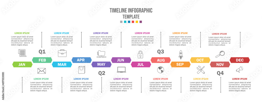 Monthly modern Timeline Gantt chart with quarters in yellow tone ...