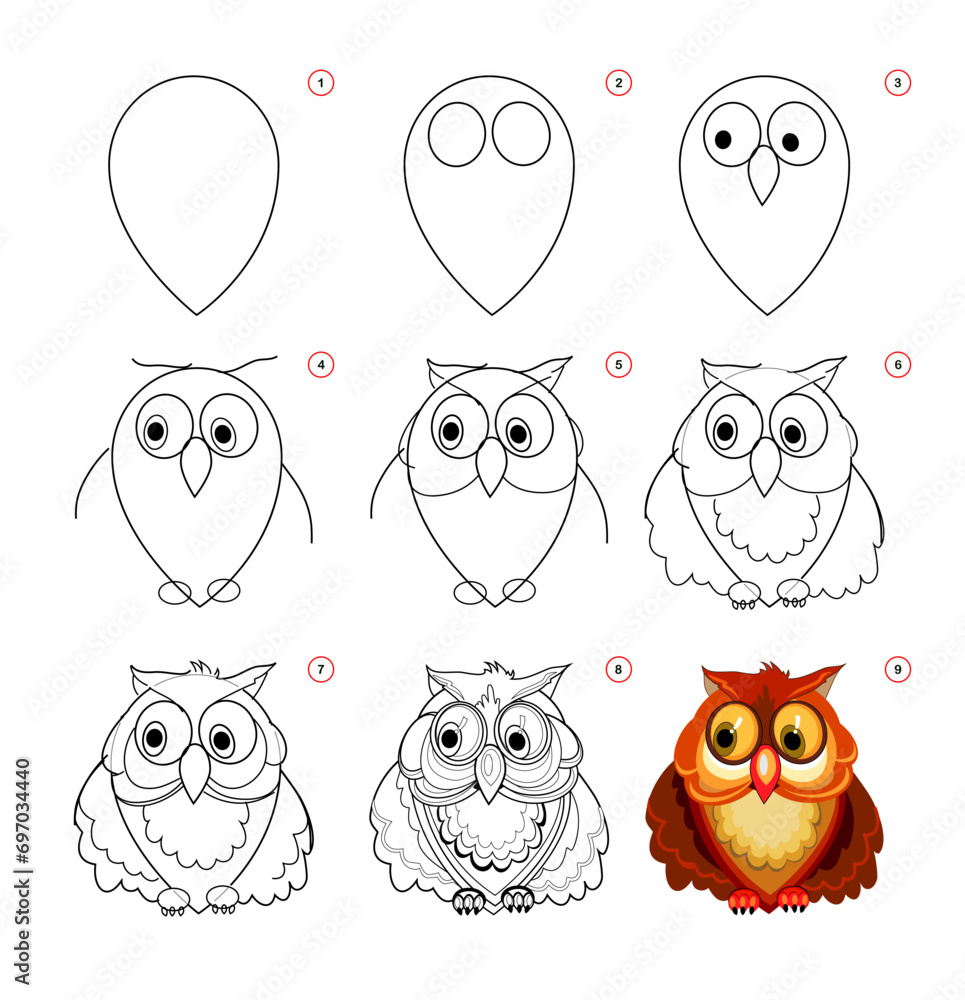 How to draw a cute little owl. Educational page for children. Creation ...