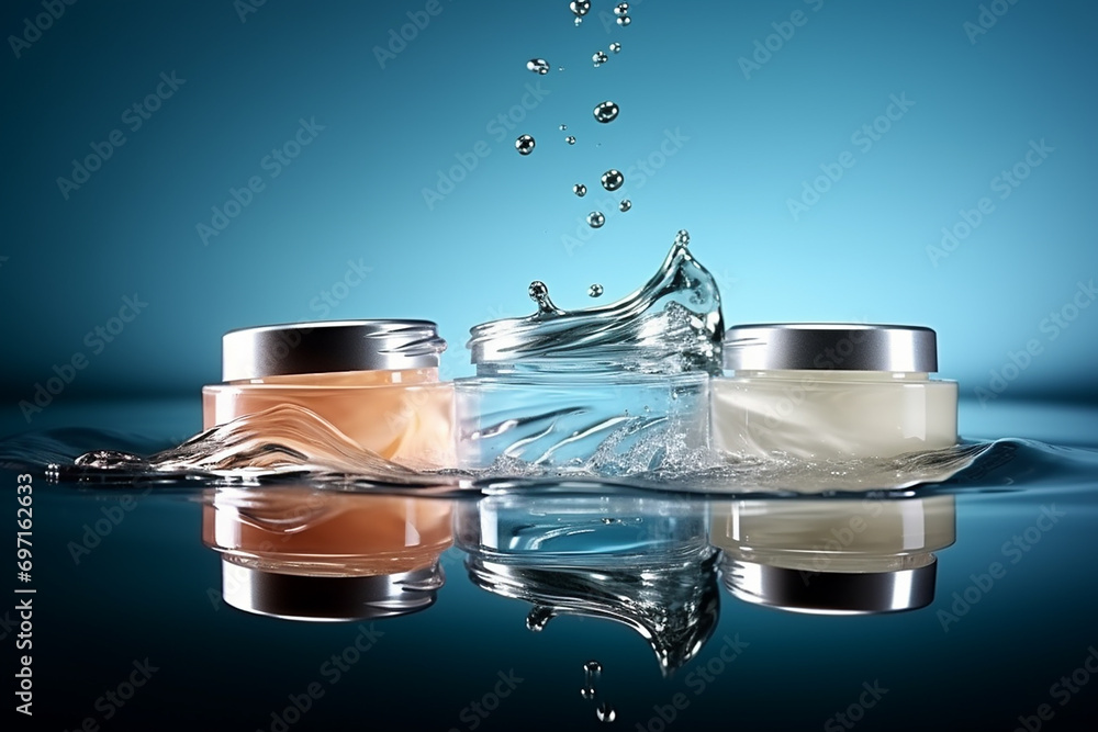 Cosmetic spa skincare, glass serum bottle with collagen splash on water ...