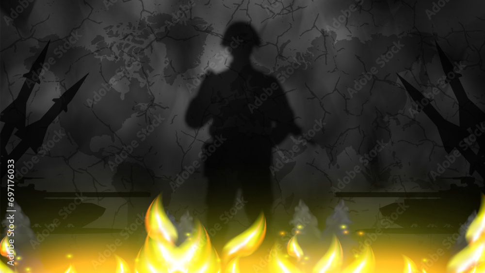 Vector military poster. Black shadows of soldier warrior, missiles and ...
