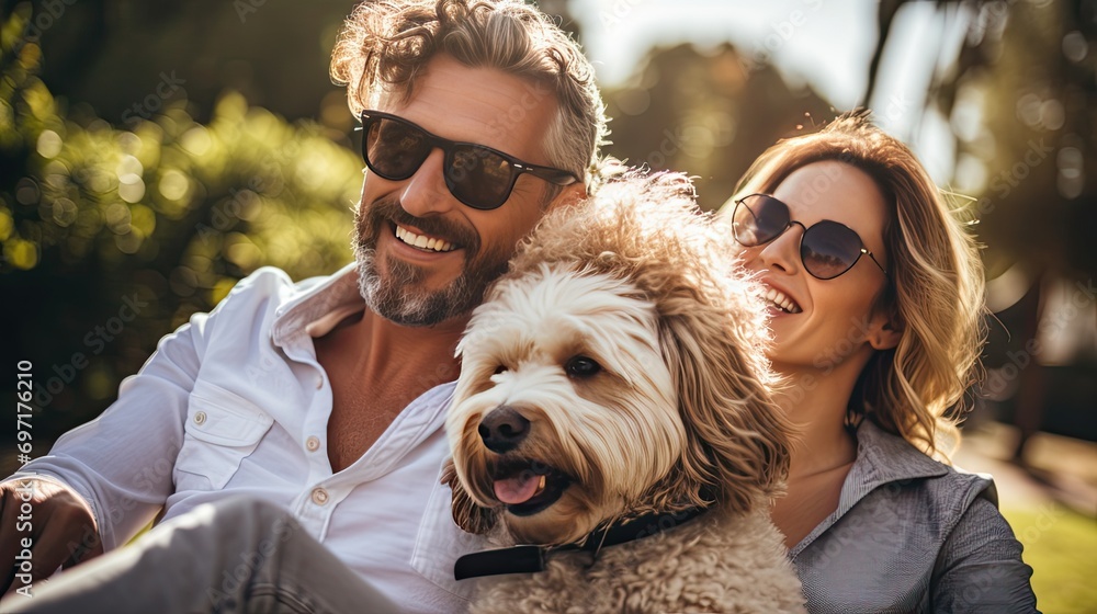 Couple spending time with pets in a park or at home. Capture the joy ...