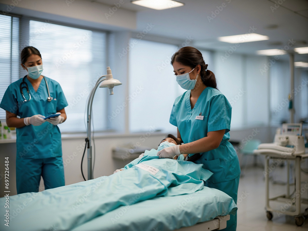 medical scene with two healthcare professionals in blue scrubs ...