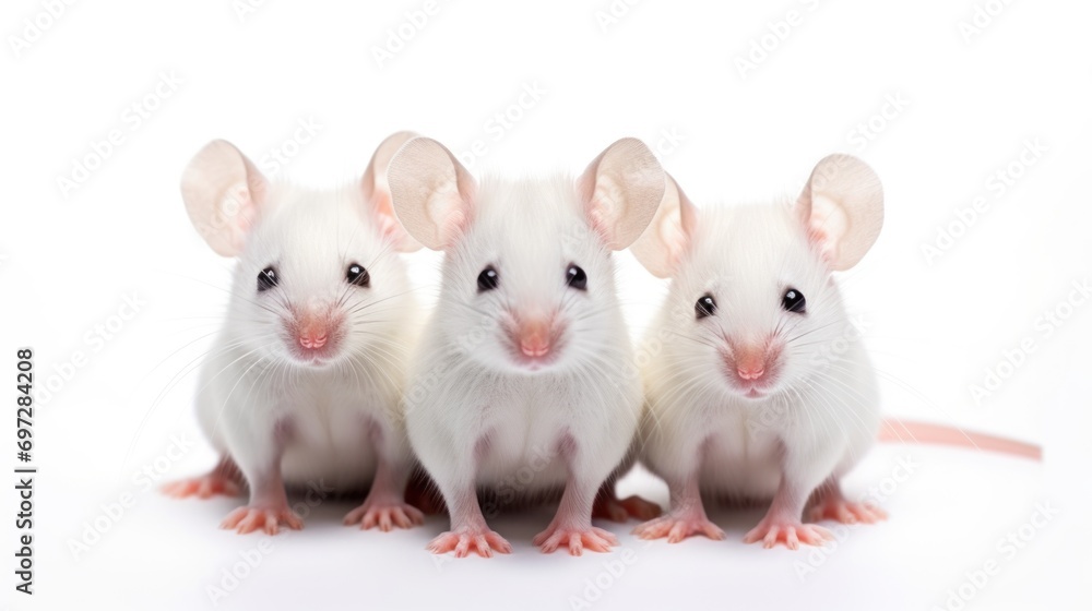 Three white mice sitting next to each other. Laboratory mice, animal ...