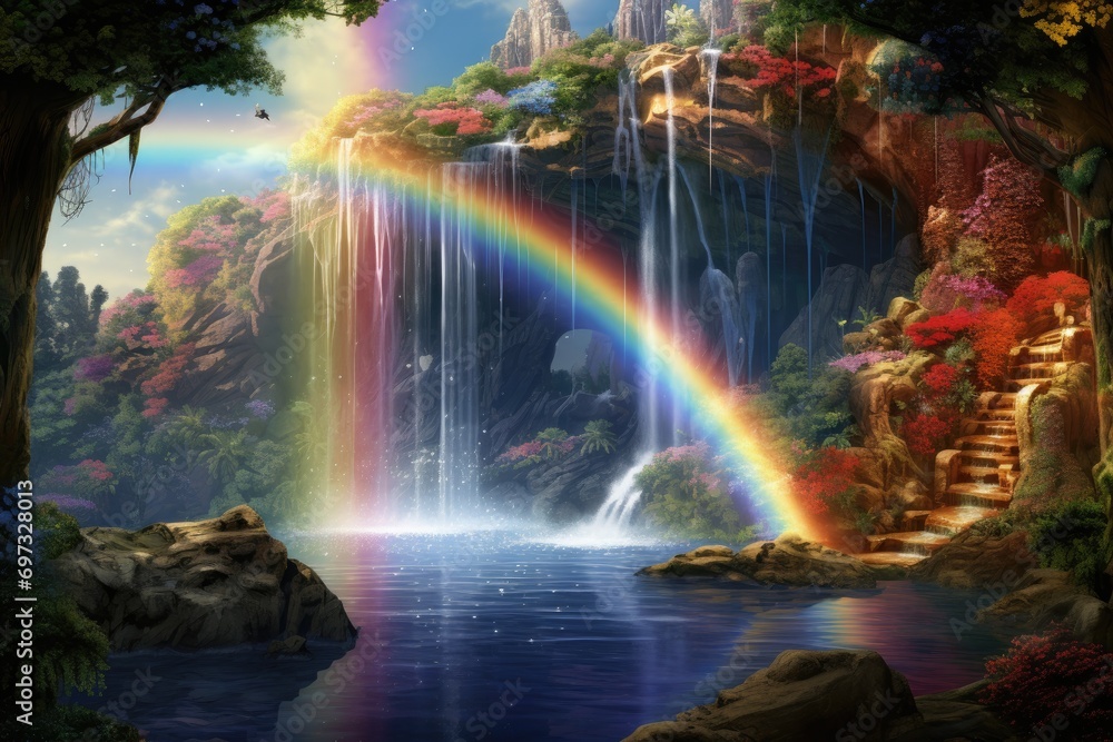 Rainbow and waterfall in the forest. 3d rendering. Computer digital ...