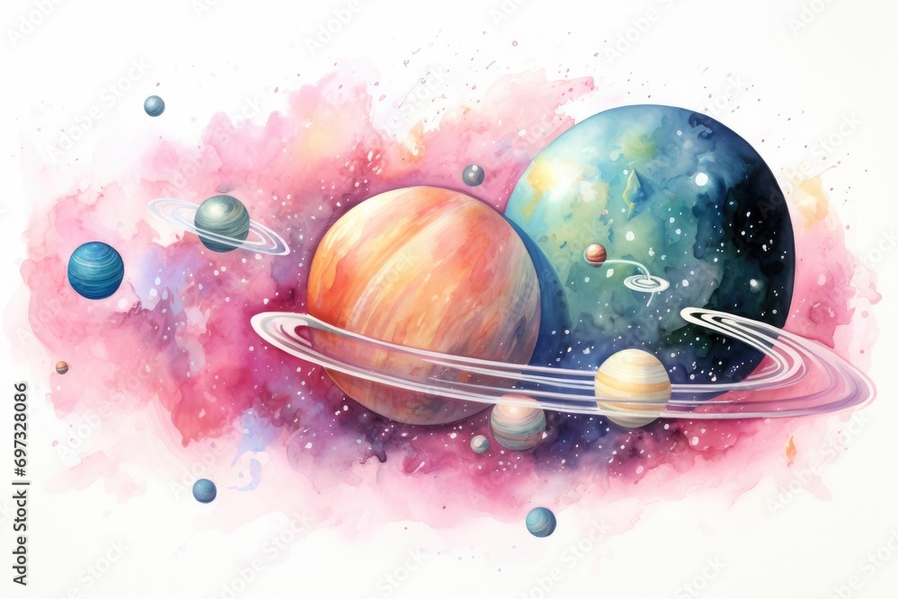 Planets of the solar system on a colorful watercolor background, A soft ...