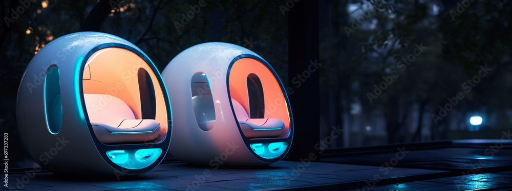 Futuristic neon capsule hotel unit with a cozy pod chair, outdoors ...