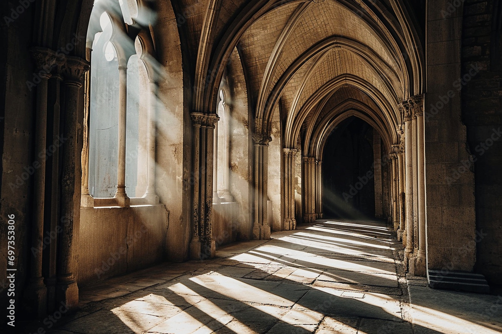 intricate play of light and shadow on Gothic arches of an ancient ...