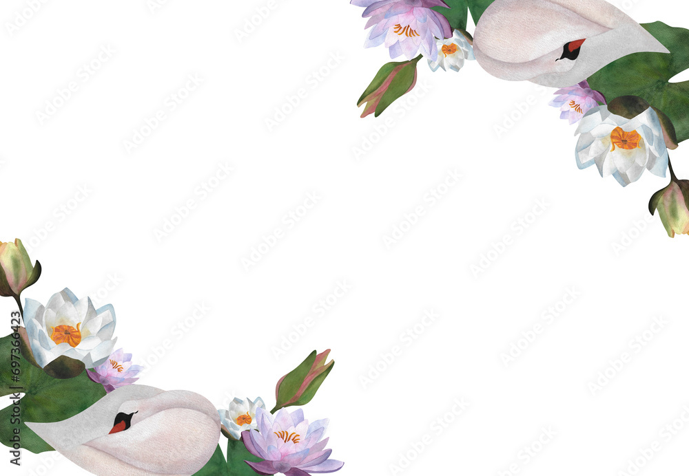 Watercolor frame with white cute swan and purple waterlily flowers ...