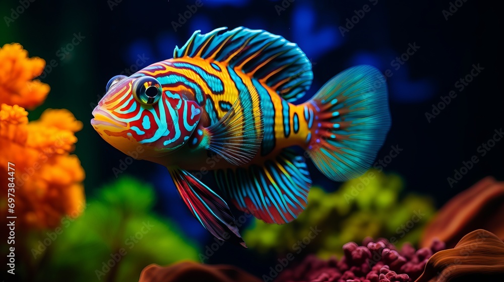 A stunning and vibrant mandarin fish. a close-up of the mandarin fish ...