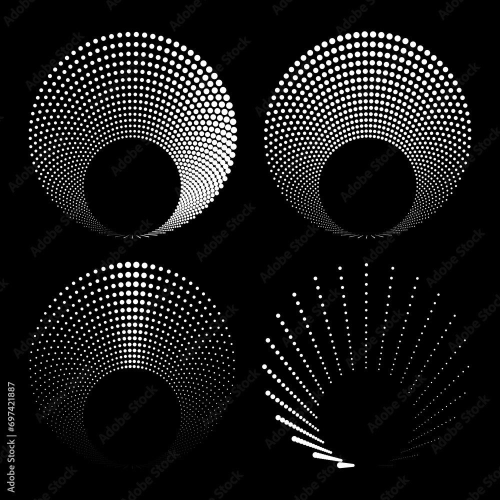 Set of white dotted shapes in circle form. Geometric art. Rotating ...