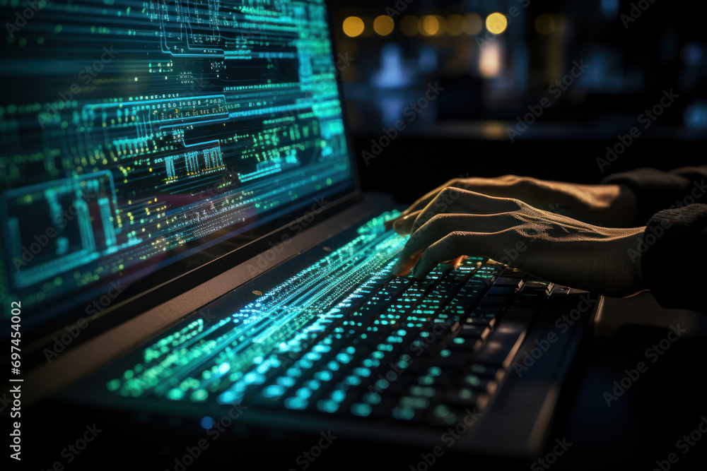 Photo Stock A software developer typing lines of code with focus and determination, symbolizing ...