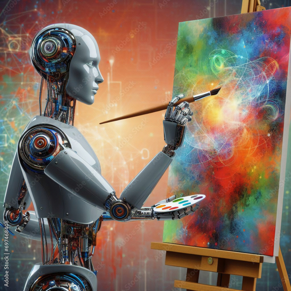 Humanoid robot artist painting a portrait on a canvas in an artist ...