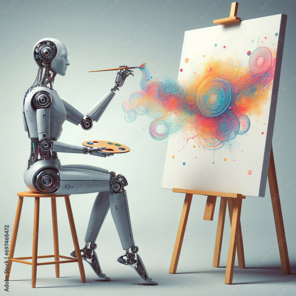 Humanoid robot artist painting a portrait on a canvas in an artist ...