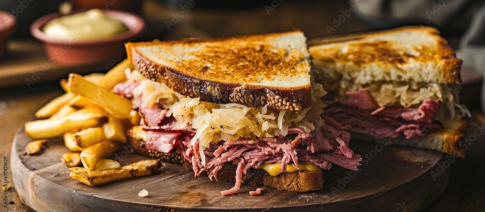 Iconic American sandwich made with grilled rye bread, Swiss cheese ...